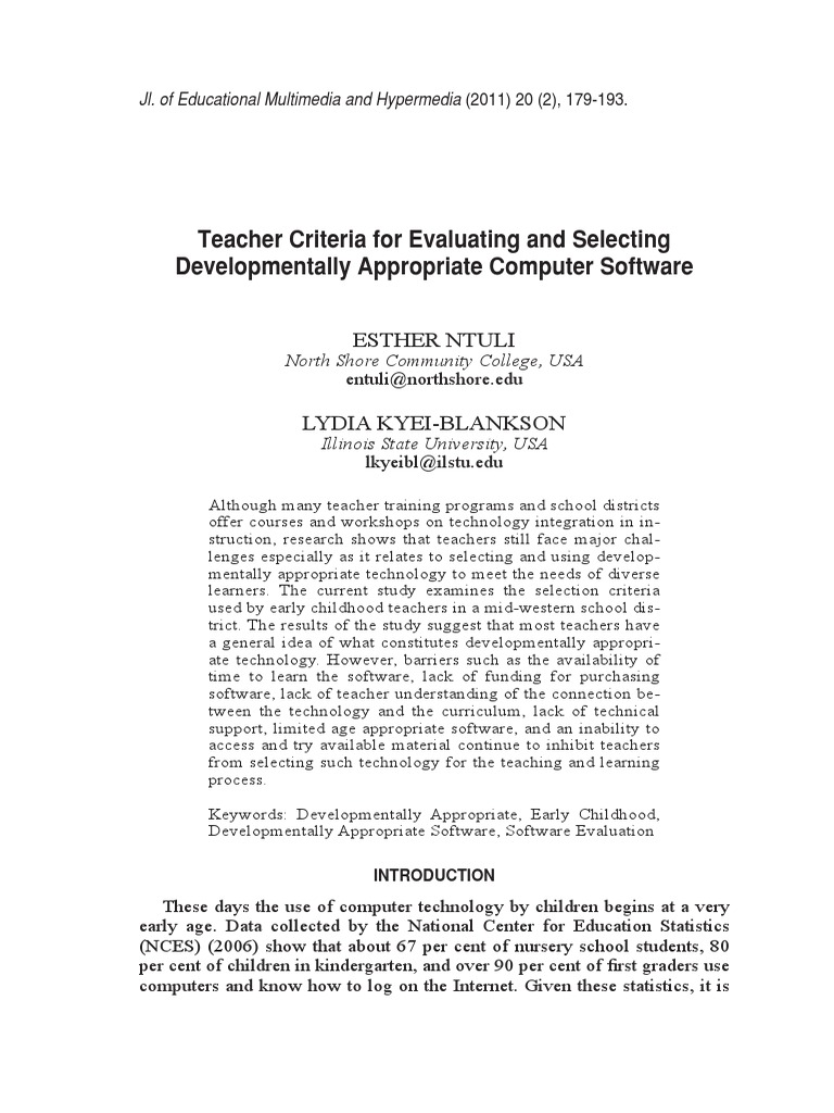 Teacher Criteria For Evaluating and Selecting Developmentally ...