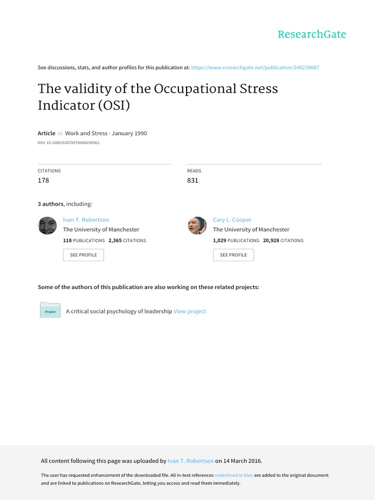 Validity of the Occupational Stress Indicator | PDF | Job Satisfaction | Validity (Statistics)