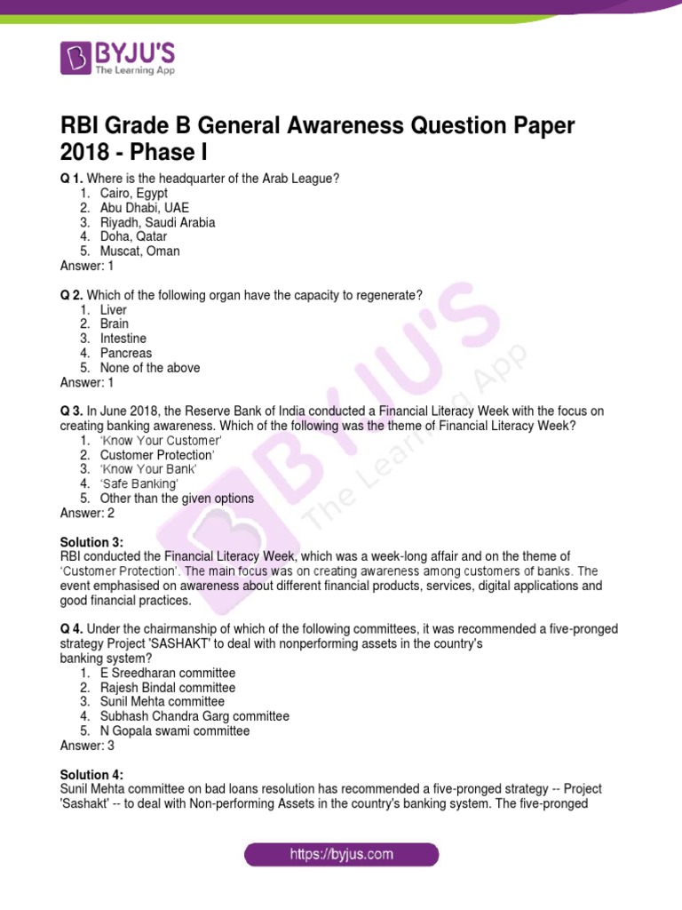 RBI Grade B General Awareness Question Paper 2018 Phase I PDF | PDF | Reserve Bank Of India | Banks