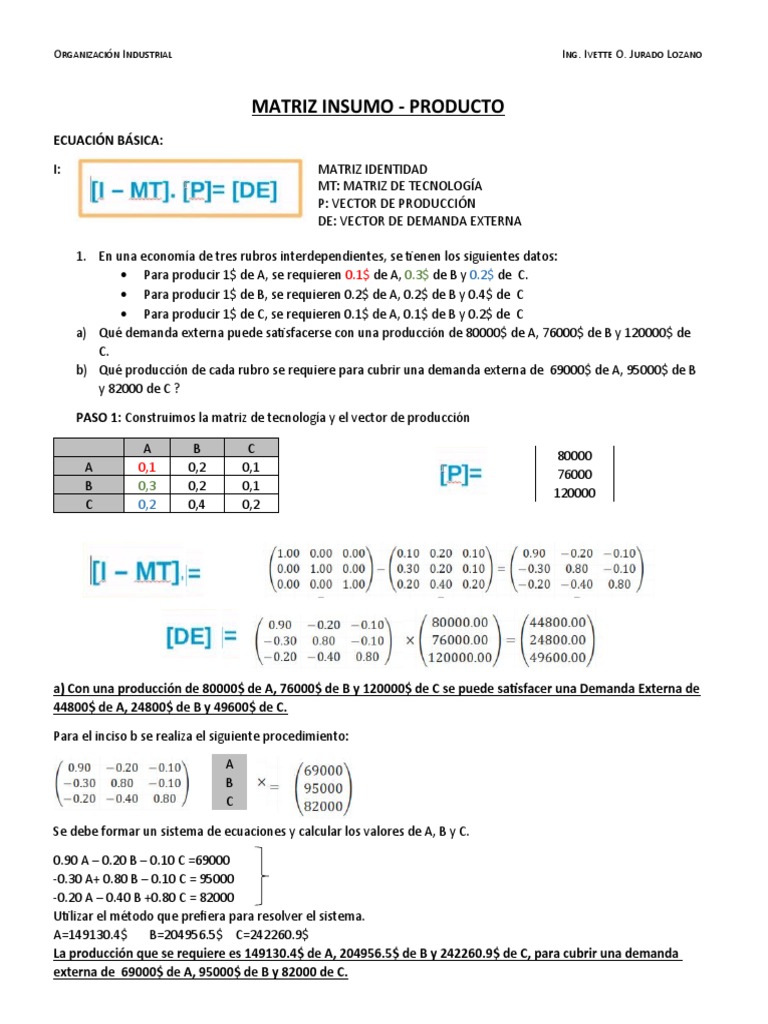 Ejercicios Matriz Insumo Producto 2020 Todo | PDF | Enseñanza de matemática | Análisis matemático