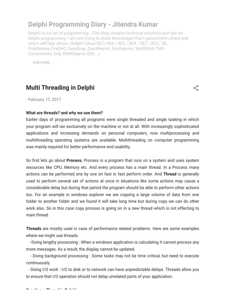 Multi Threading in Delphi | PDF | Thread (Computing) | Process (Computing)