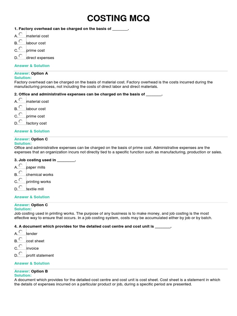 Costing MCQ 1 PDF | PDF | Inventory | Piece Work