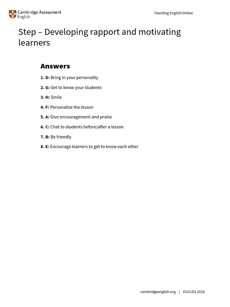 Step - Developing Rapport and Motivating Learners: Answers | PDF