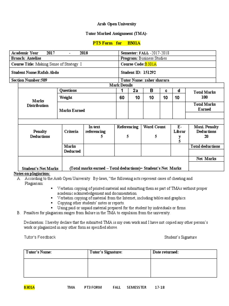 PT3 Form-B301A-FALL - 2017-18 | PDF | Competition | Competitive Advantage