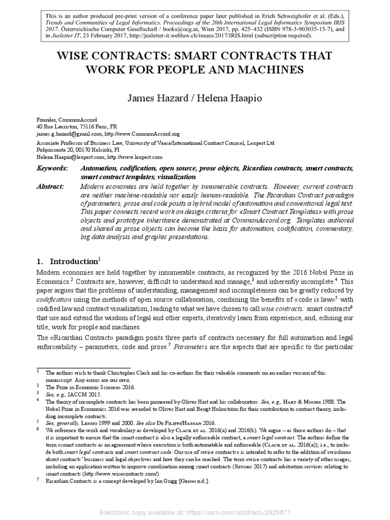 Wise Contracts: Smart Contracts That Work For People and Machines | PDF ...