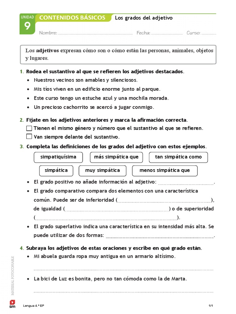 Ficha 3 Los Grados Del Adjetivo | PDF
