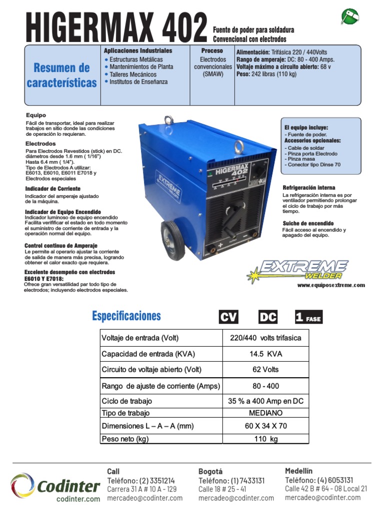 Ficha Tecnica Maquina Soldar Extreme Higermax 402 Co | PDF