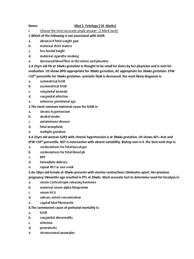 Choose The Most Accurate Single Answer: (1 Mark Each) | PDF | Fetus ...