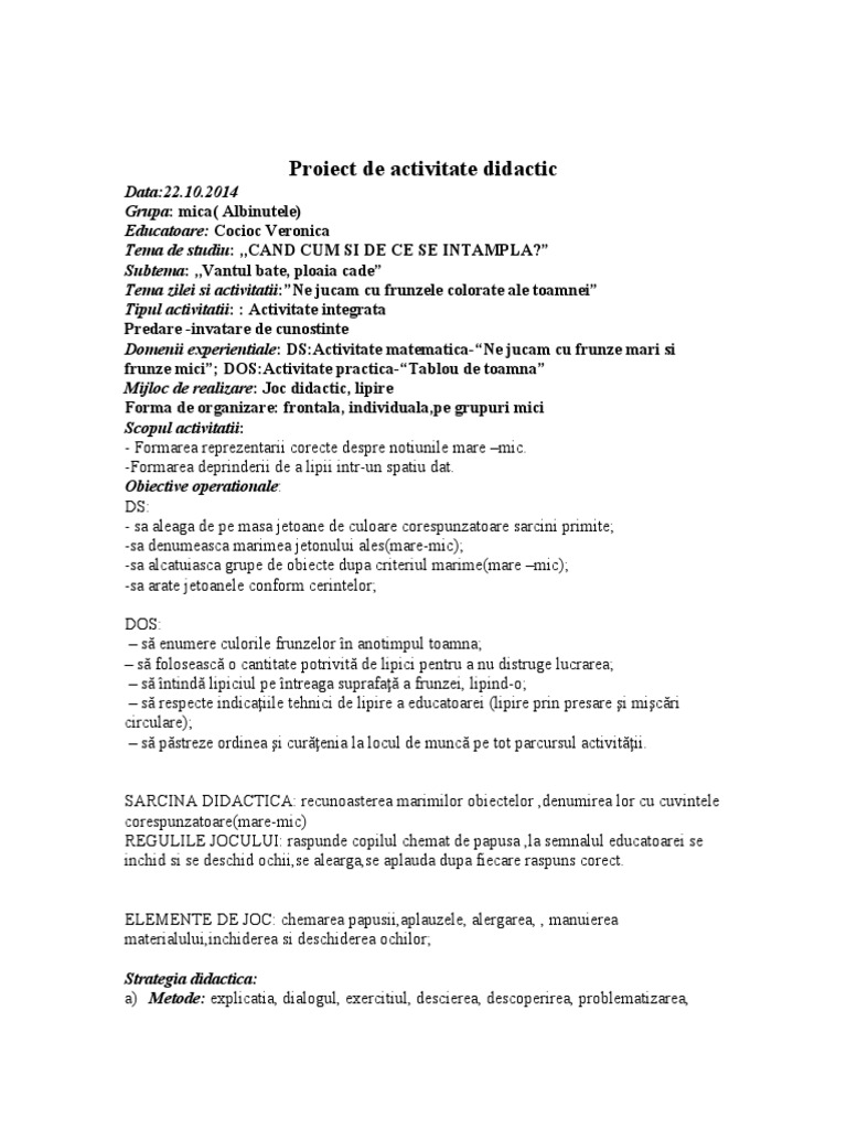 Proiect Didactic Toamna Grupa Mica-1 | PDF