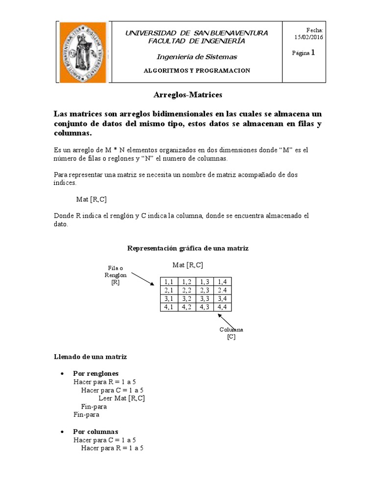 Arreglos bidimensionales (matrices) y sus aplicaciones | PDF ...