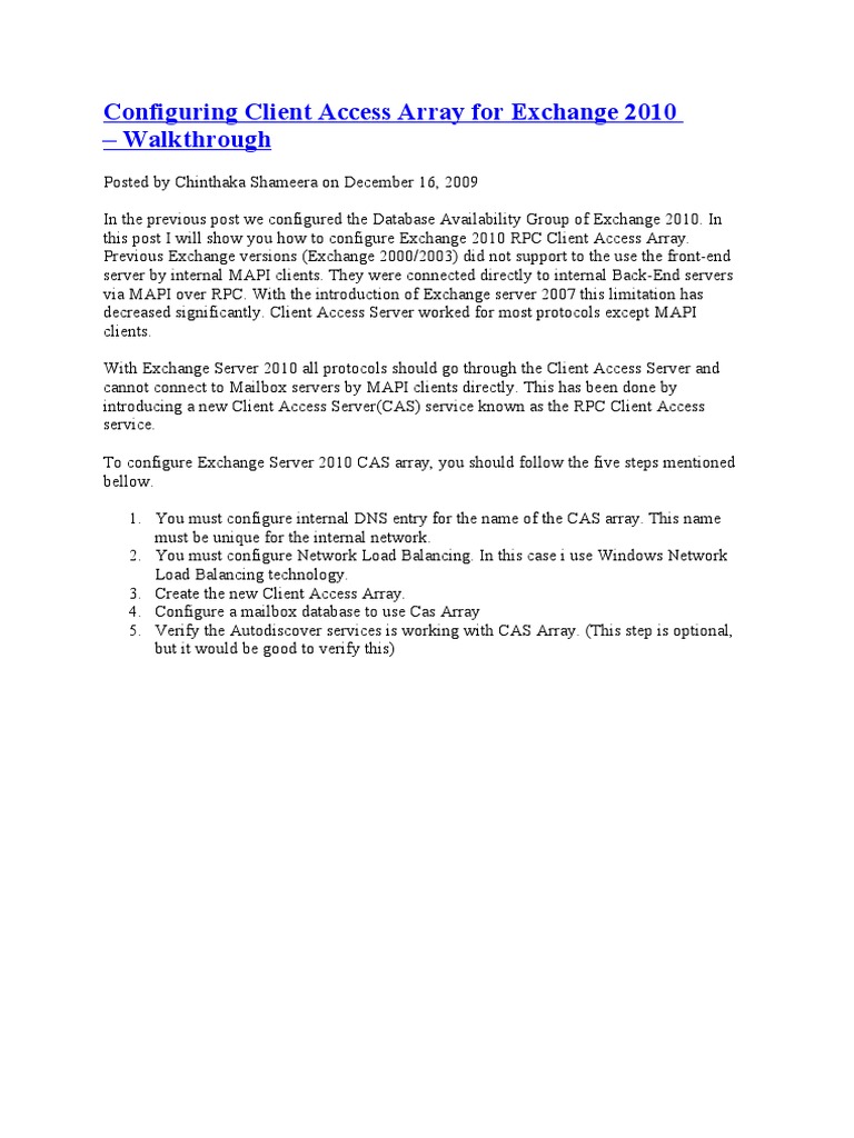 Configuring Client Access Array For Exchange 2010 | PDF | Information Technology | Internet