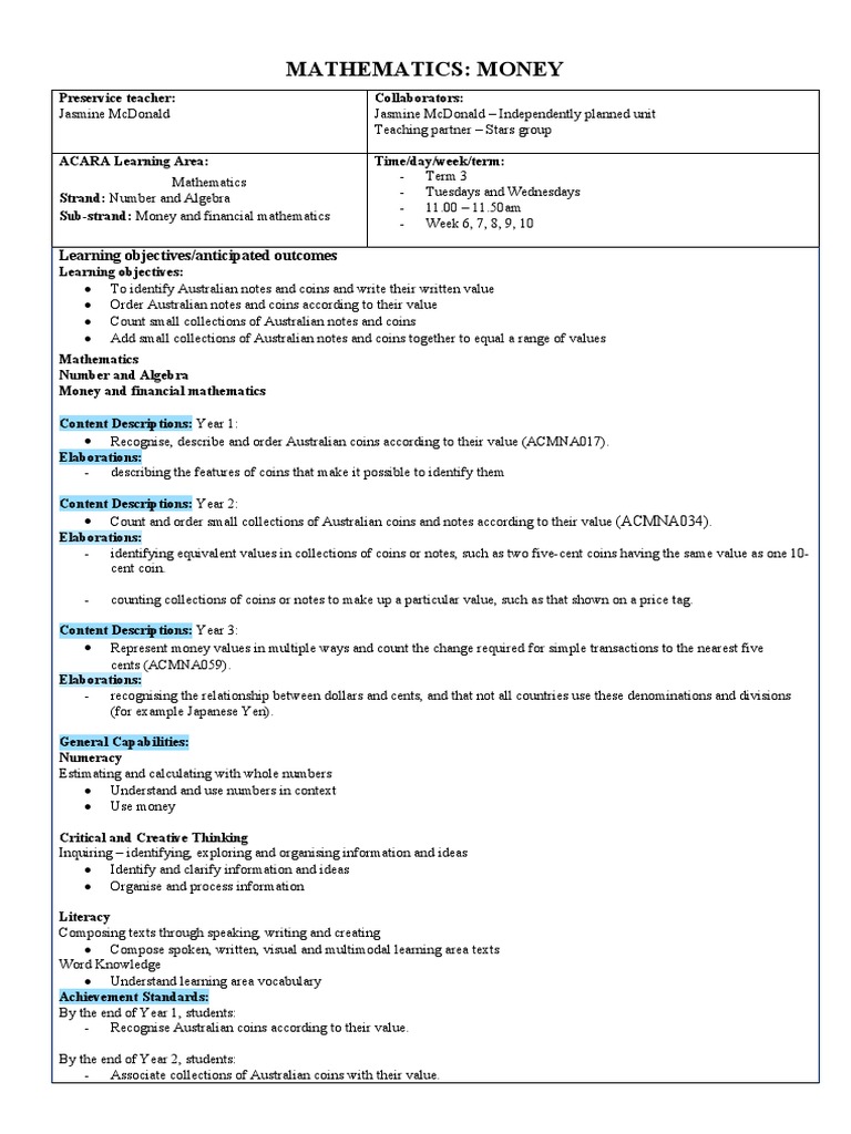 21 - Maths - Unit Plan | PDF | Coins | Educational Assessment