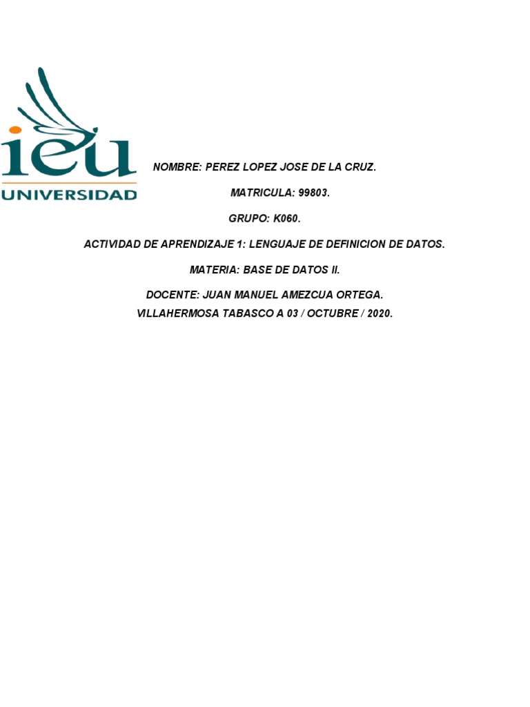 Actividad de Aprendizaje 1 Lenguaje de Definicion de Datos | PDF | SQL ...