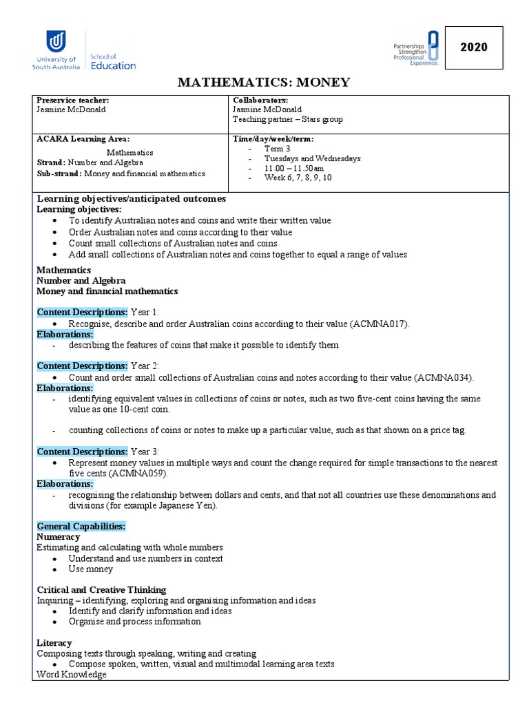 Updated - Year 2-3 - Unit Plan - Money t3 Evidence | Download Free PDF ...