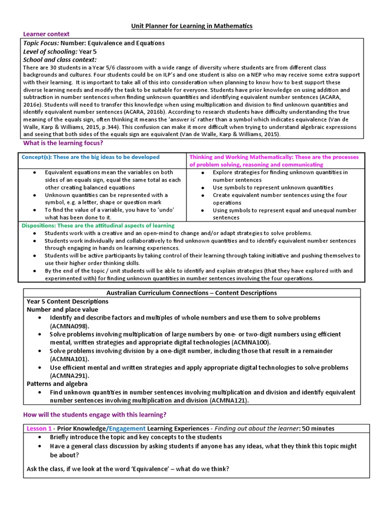 Year 5-6 - Unit Plan - Maths | Download Free PDF | Equations | Numbers
