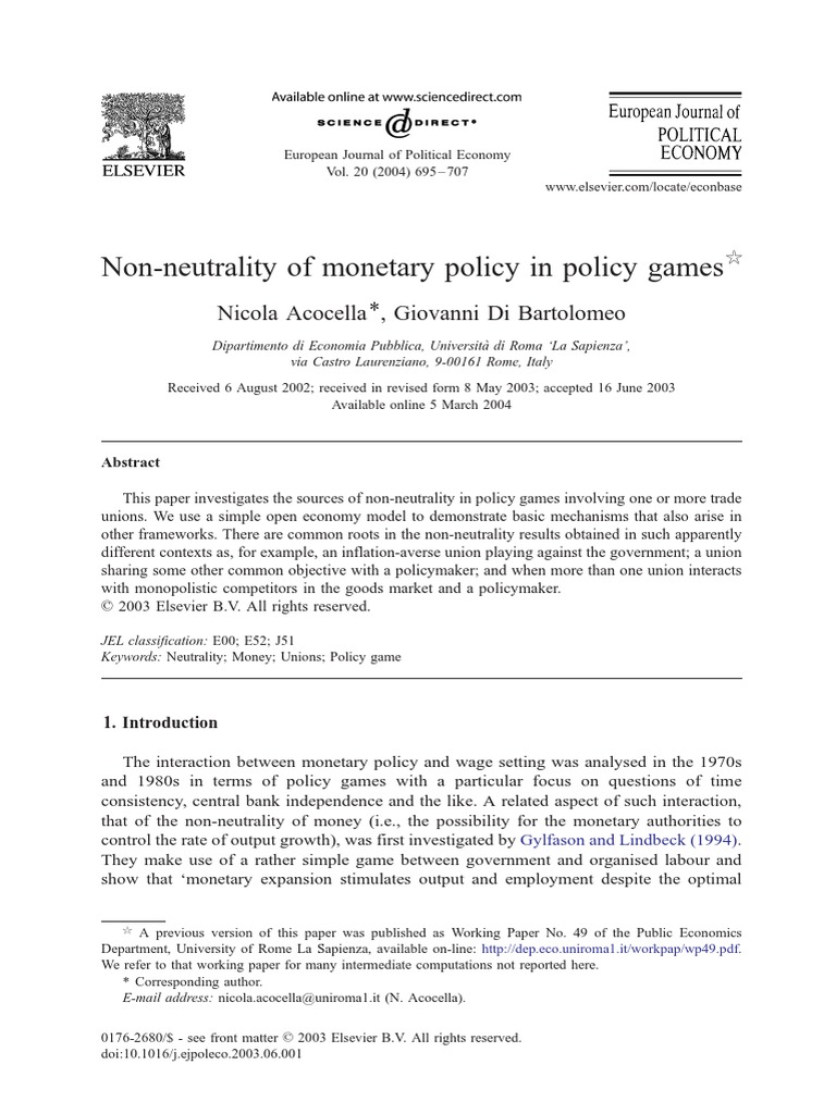 Acocella - Di Bartolomeo Non-Neutrality of Monetary Policy in Policy ...