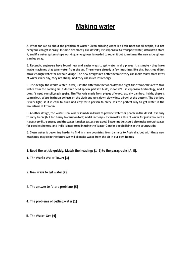Making Water: 1. Read The Article Quickly. Match The Headings (1-5) To ...