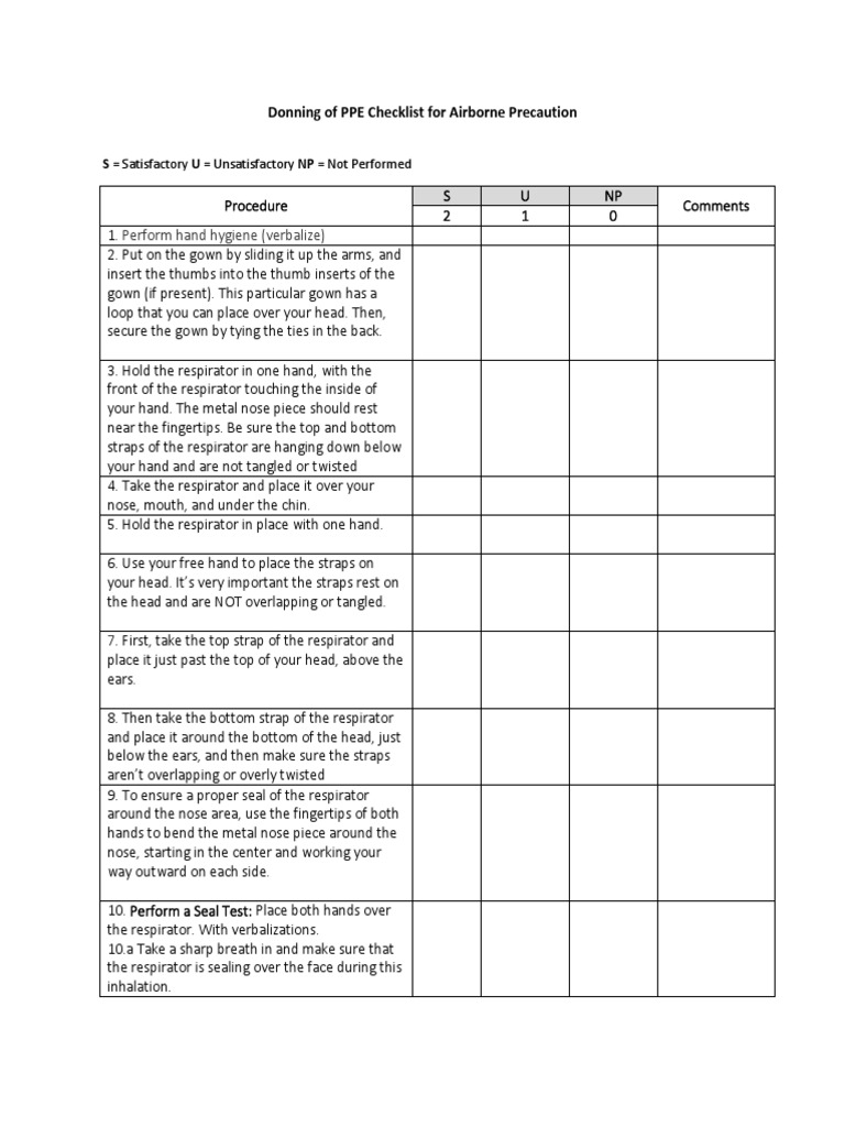 Donning of PPE Checklist For Airborne Precaution | PDF | Glove | Sports ...