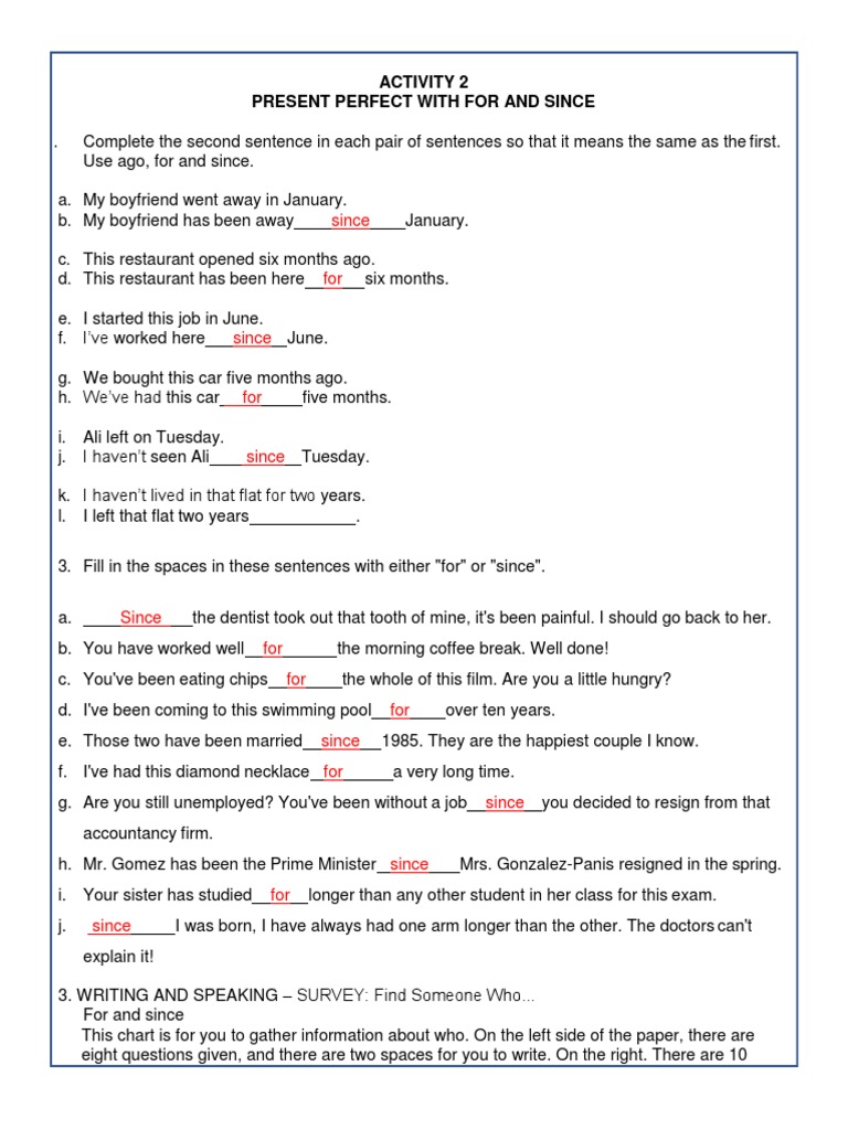 Since: Activity 2 Present Perfect With For and Since | PDF | Syntax ...
