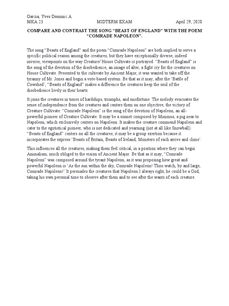 Compare and Contrast The Song "Beast of England" With The Poem "Comrade ...