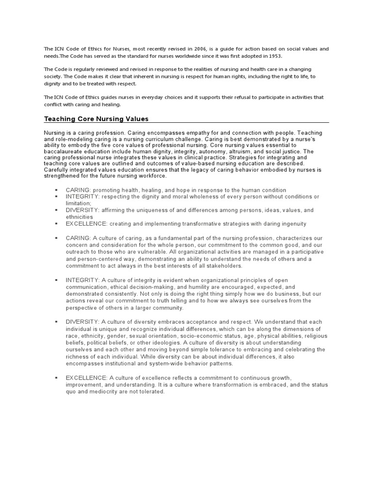 Values in Nursing | PDF | Nursing | Value (Ethics)