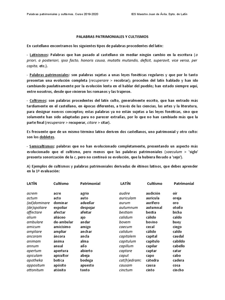 Cultismos-Patrimoniales Bach2 2019-20 | PDF | latín