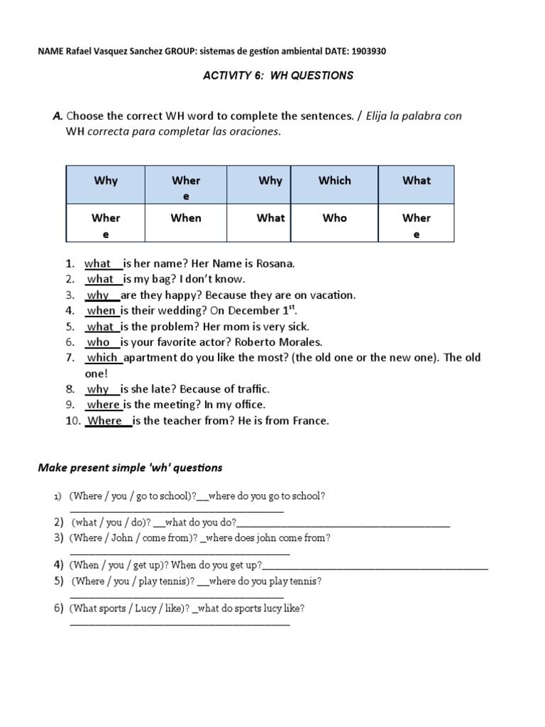 Activity 6 - WH Questions | PDF | Linguistic Morphology | Cognition