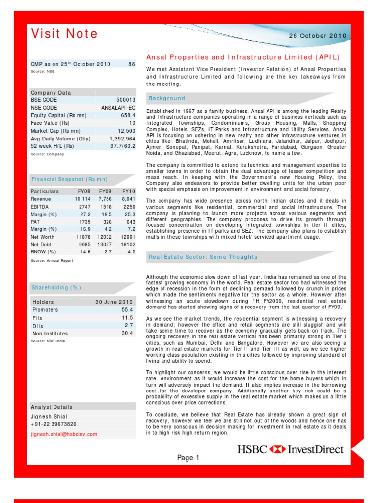 Visit Note: Ansal Properties and Infrastructure Limited (APIL) | PDF ...