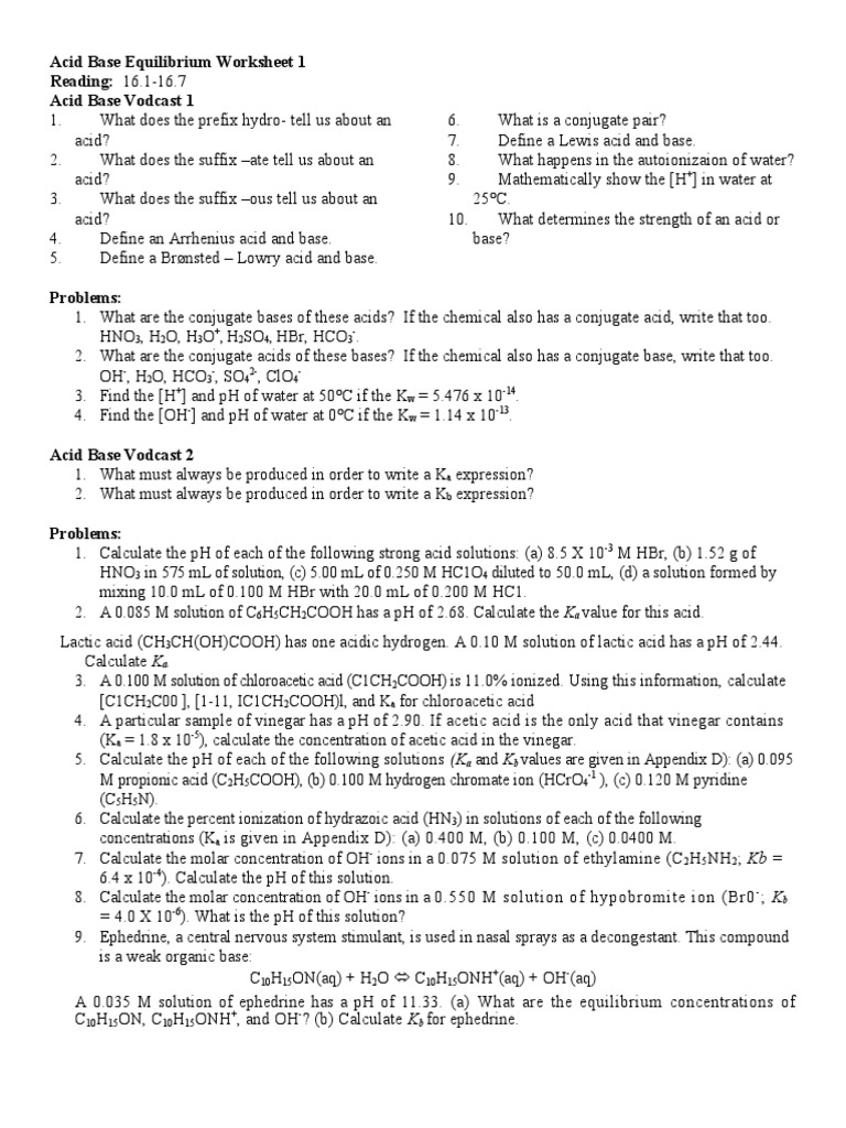 Acid Base Equilibrium Worksheet 1 | PDF | Acid | Chemical Equilibrium