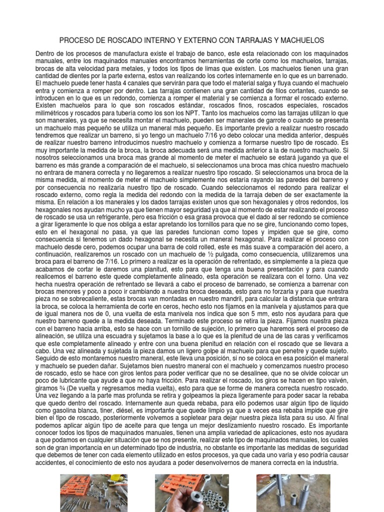 Proceso de Roscado Interno y Externo Con Tarrajas y Machuelos | PDF ...