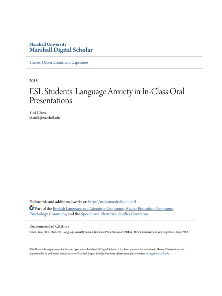 ESL Students Language Anxiety in In-Class Oral Presentations | PDF ...
