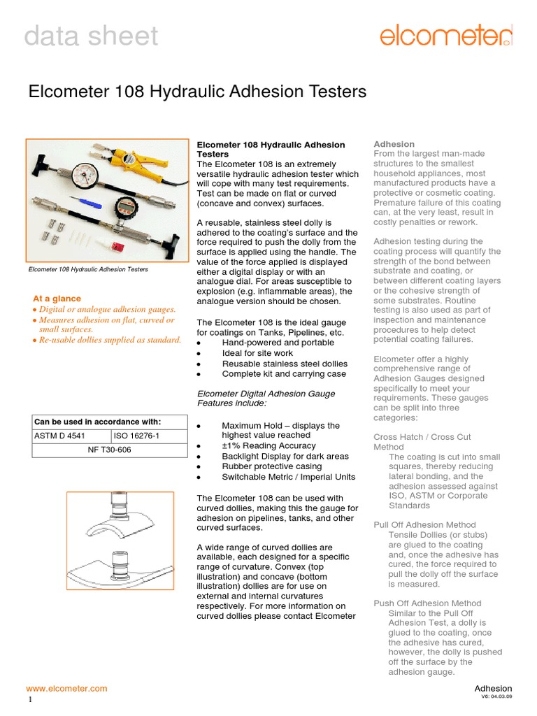 Data Sheet: Elcometer 108 Hydraulic Adhesion Testers | PDF | Adhesive ...