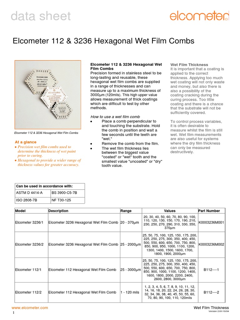 Data Sheet: Elcometer 112 & 3236 Hexagonal Wet Film Combs | PDF ...