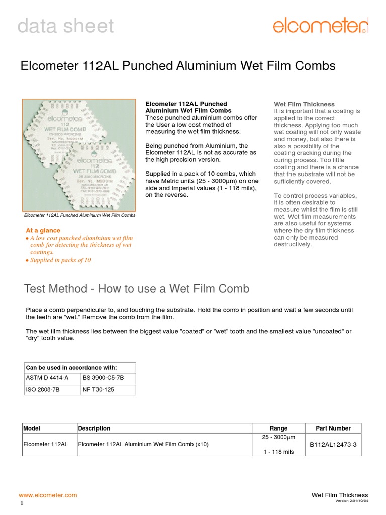 Data Sheet: Elcometer 112AL Punched Aluminium Wet Film Combs | PDF ...