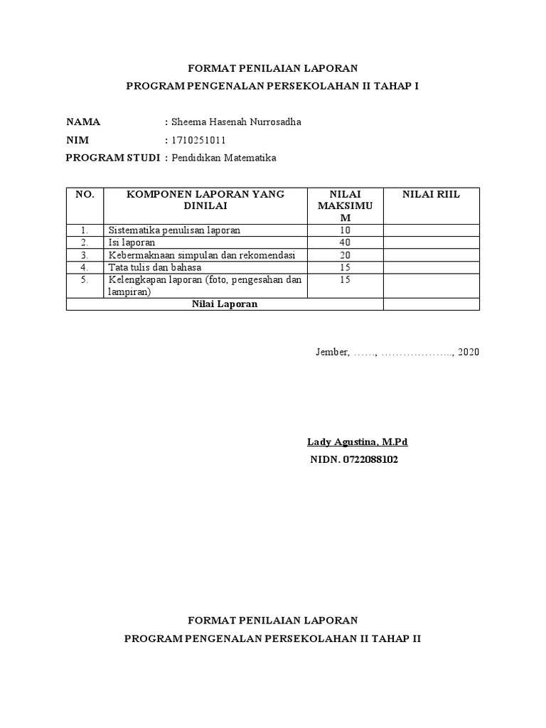 Format Penilaian Laporan Dan Ujian Lisan PLP Tahap Ii (DPL) | PDF
