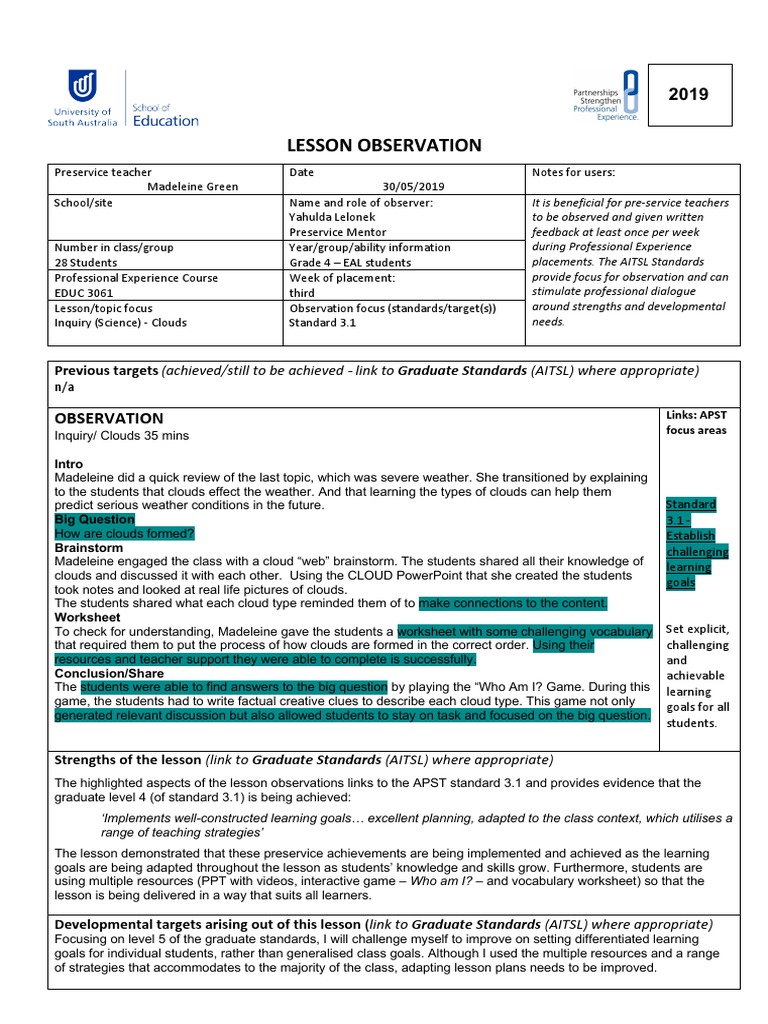 Lesson Observation: (Achieved/still To Be Achieved - Link To Graduate ...