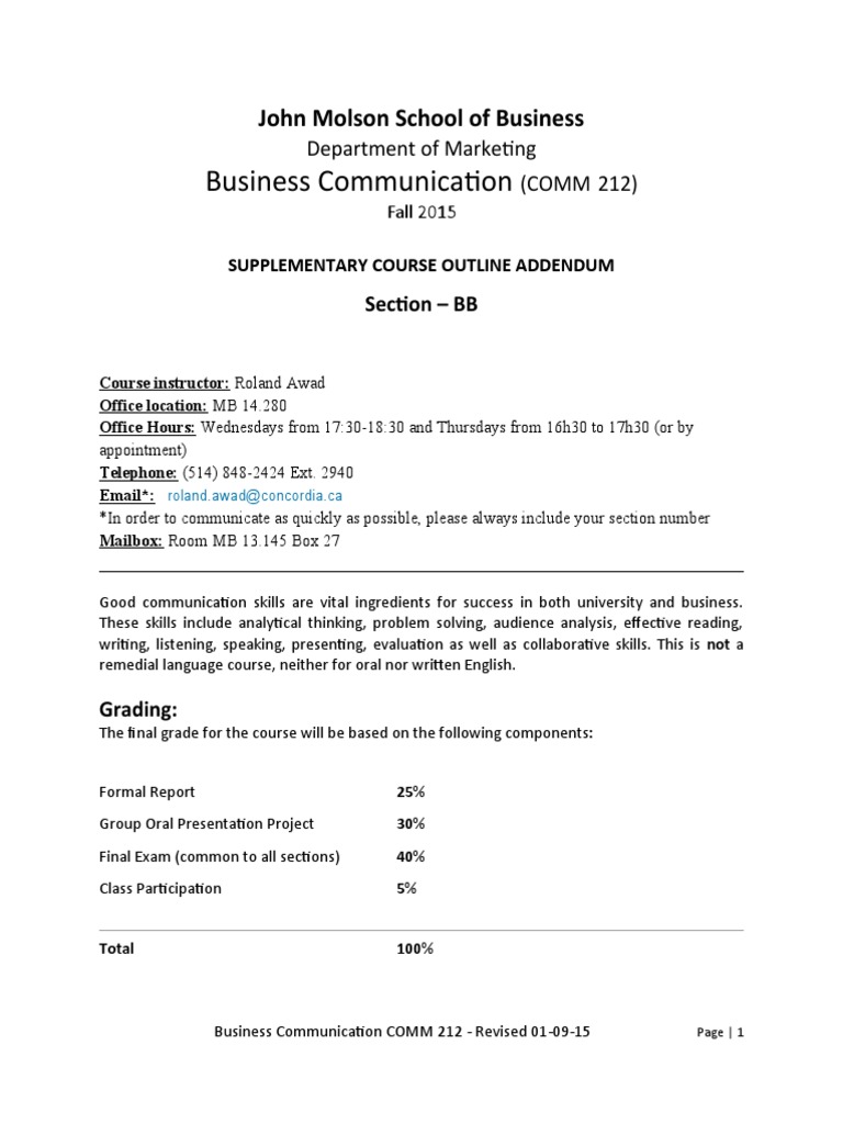 Fall 2015 Supplementary Course Outline Addendum - Section BB | PDF ...