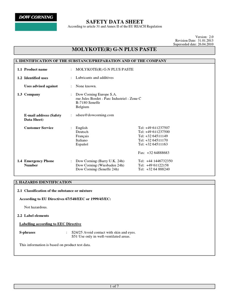 Molykote G N Plus Solid Lubricant Paste 1kg MSDS | PDF | Personal ...