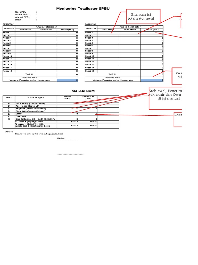 Form Laporan Totalisator 2019 SPBU 14212290 | PDF