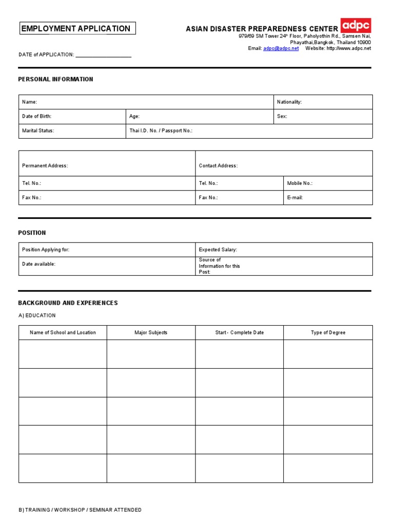 Employment Application: Asian Disaster Preparedness Center | Download ...