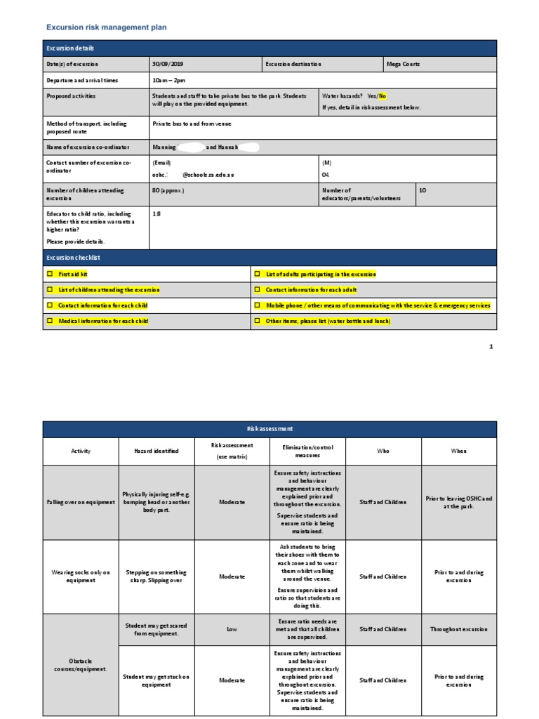Excursion Risk Management Plan | Download Free PDF | Risk Assessment | Risk