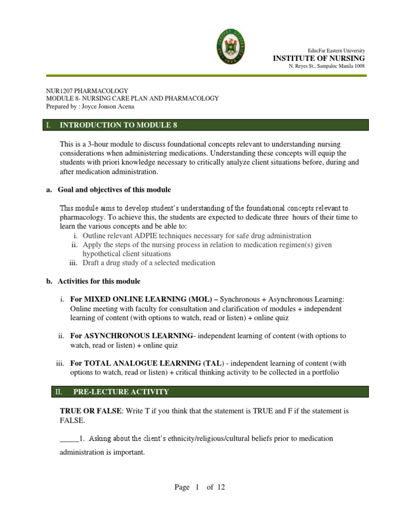 Institute of Nursing: Introduction To Module 8 | PDF | Nursing ...