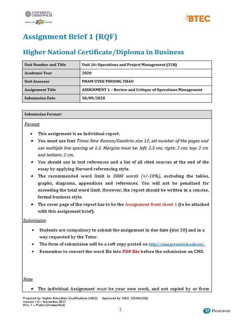 Assignment Brief 1 (RQF) : Higher National Certificate/Diploma in ...