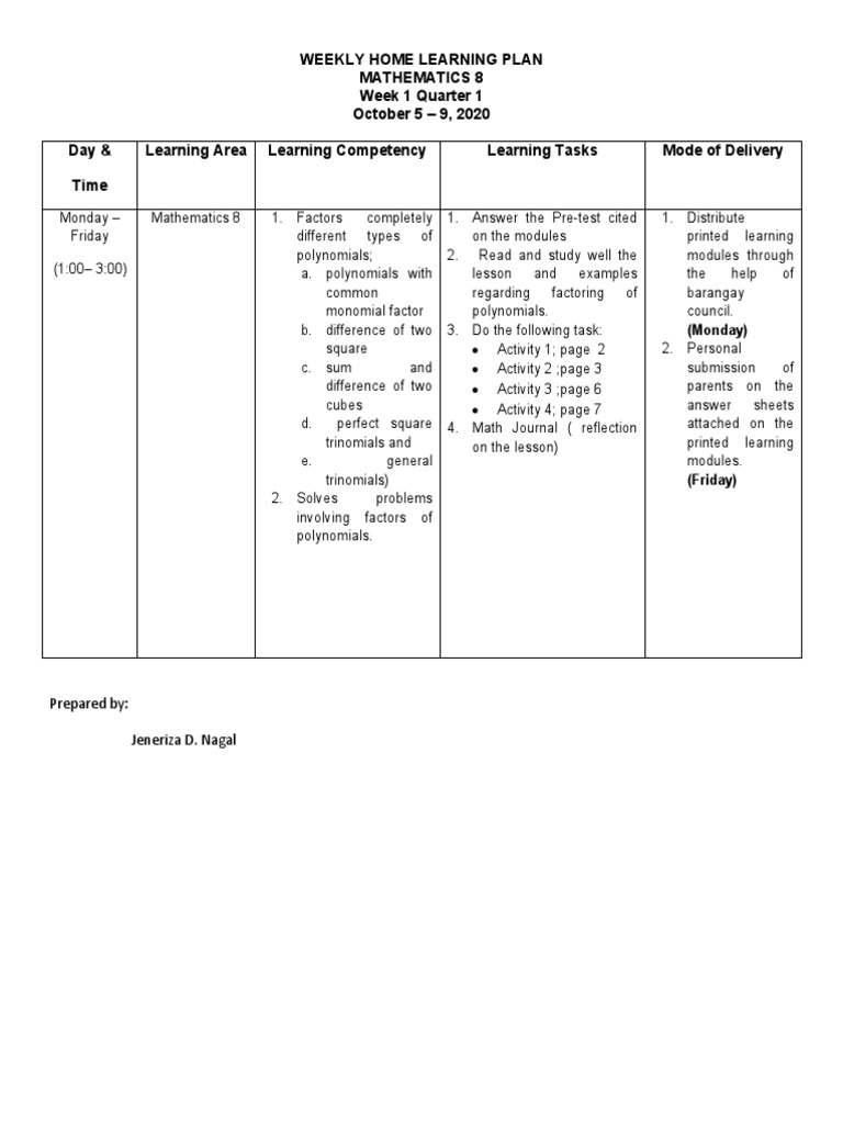 WEEKLY HOME LEARNING PLAN Jen | PDF