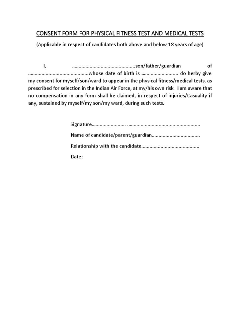 Consent Form For Physical Fitness Test and Medical Tests | PDF