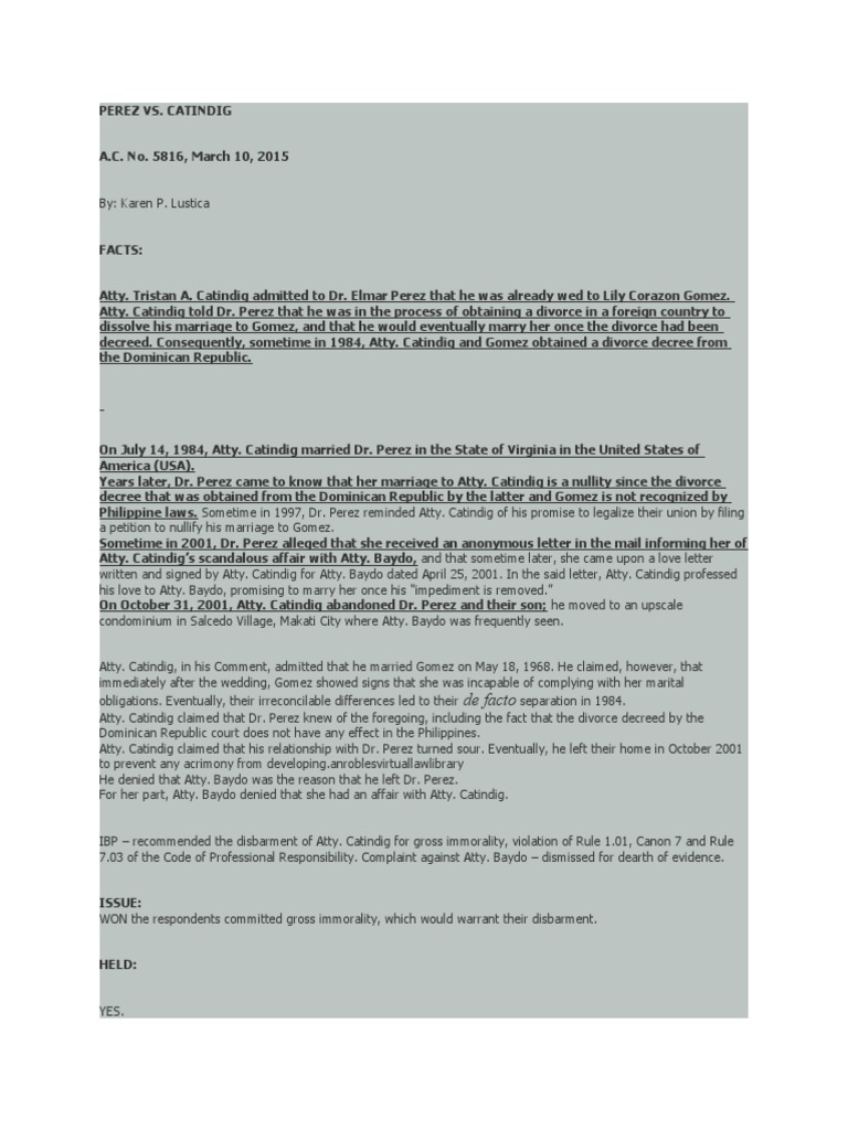 DX - Dr. Elmar Perez v. Atty. Tristan Catindig, A.C. No. 5816, March 10 ...