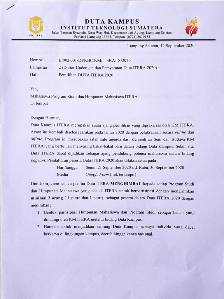 Surat Undangan Dan Persyaratan Duta ITERA 2020 | PDF