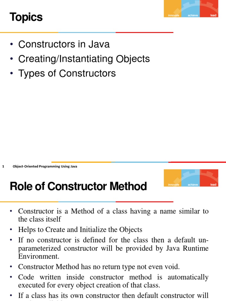 Topics Constructors In Java Creating Instantiating Objects Types Of Constructors Pdf
