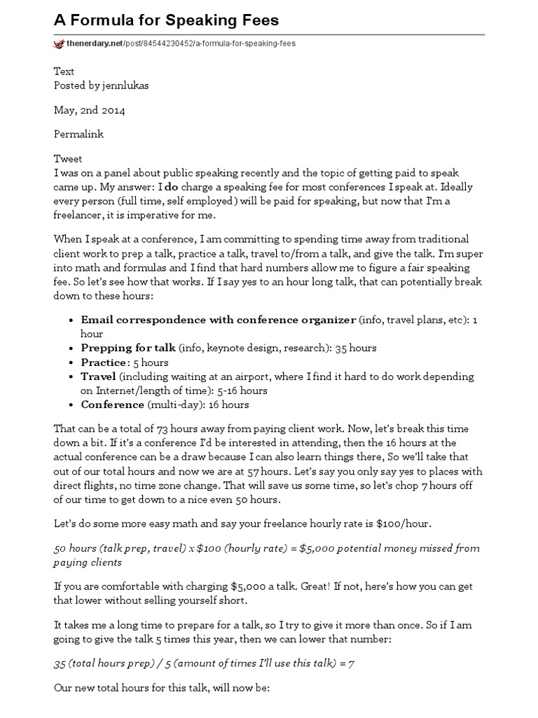 Formula For Speaking Fees Download Free Pdf Fee