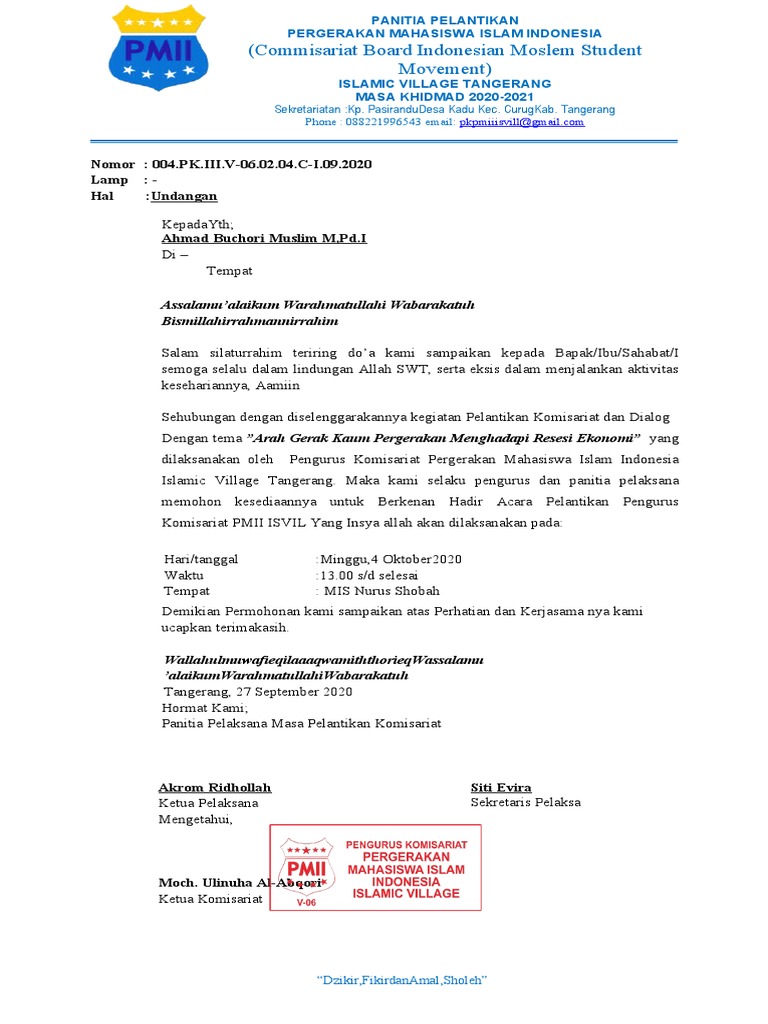 Undangan Pelantikan Pengurus Komisariat PMII ISVIL | PDF